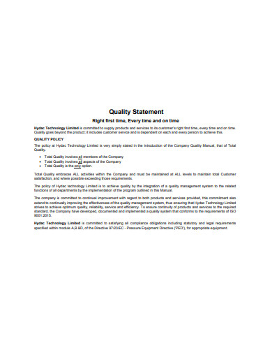 8+ Quality Statement Templates in PDF | DOC