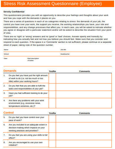 9+ Stress Assessment Questionnaire Templates in PDF