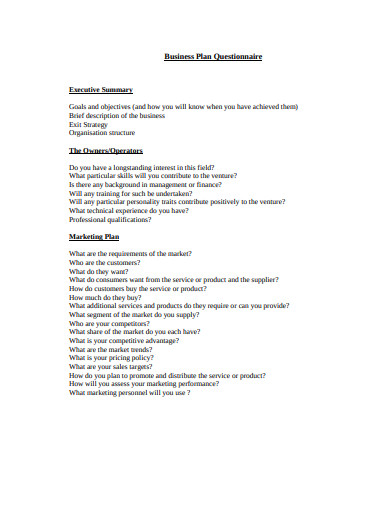 9+ Business Plan Questionnaire Templates in PDF | MS Word