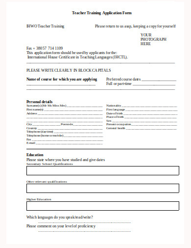 9 Teacher Training Application Form Templates In PDF DOC