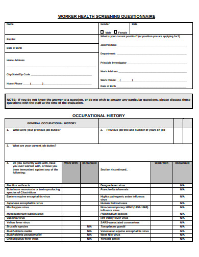 10+ Health Screening Questionnaire Templates in PDF | DOC