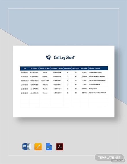 Call Log Sheet Template 11 Free Word PDF Excel Documents Download