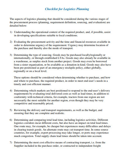 11+ Logistics Checklist Templates in PDF | MS Word