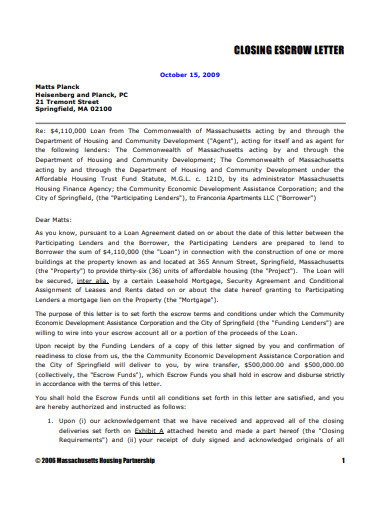 11+ Escrow Letter Templates in PDF | MS WORD