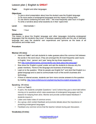 11+ Language Lesson Plan Templates in DOC | PDF