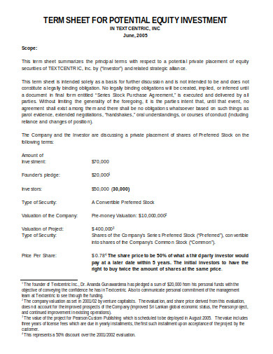 5+ Equity Investment Term Sheet Templates in PDF | DOC