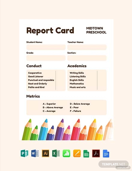 10+ Kindergarten Report Card in Word | Illustrator | Pages | Editable ...