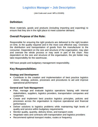 10+ Logistics Manager Job Description Templates in PDF | MS Word