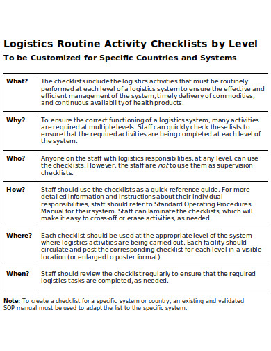 11+ Logistics Checklist Templates in PDF | MS Word