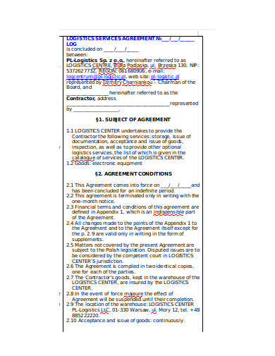 11+ Logistics Service Agreement Templates in PDF | MS Word