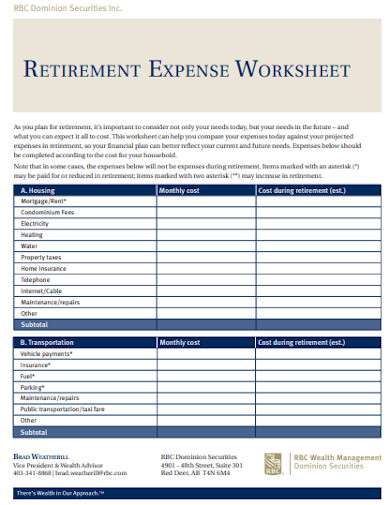 11 Retirement Expense Worksheet Templates In PDF DOC