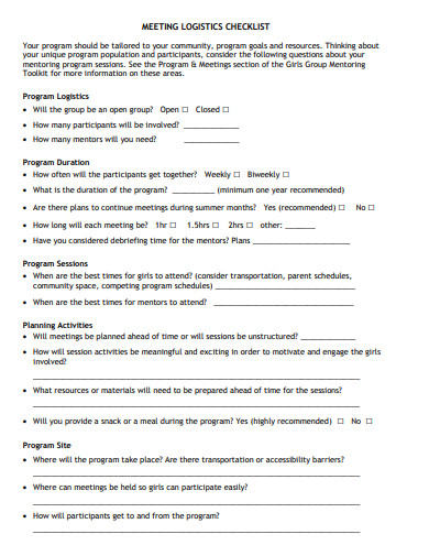 9+ Meeting Logistics Checklist Templates in PDF | DOC