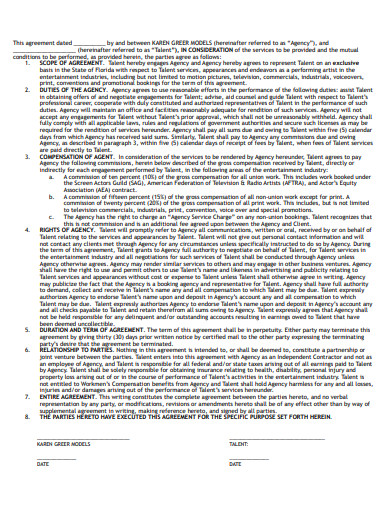 9+ Talent Agency Agreement Templates in PDF