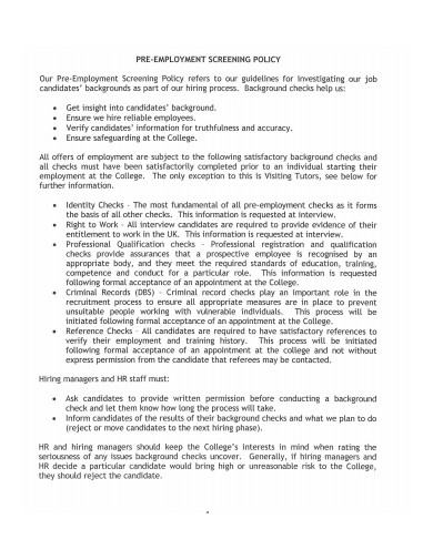 10+ Pre-Employment Screening Policy Templates in PDF | DOC