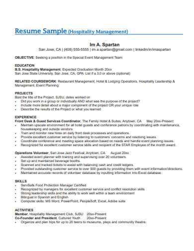 10+ Hospitality Management Resume Templates in PDF | DOC