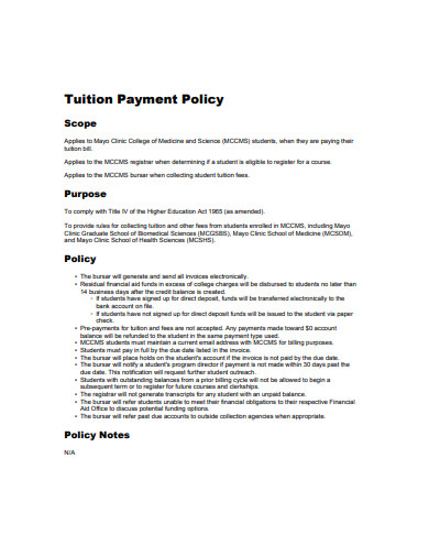 10+ Tuition Payment Policy Templates in PDF | DOC