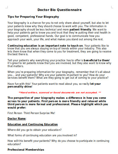 11+ Bio Questionnaire Templates in PDF | DOC