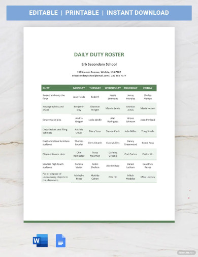 Duty Roster Template - 19+ Free Word, Excel, PDF Document Downloads