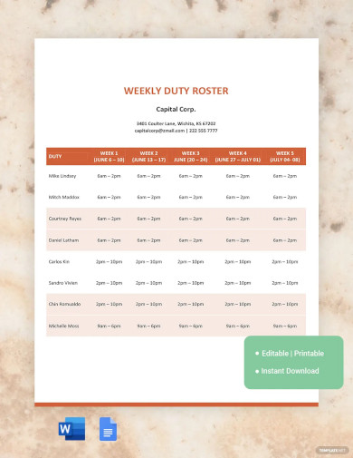 Duty Roster Template - 19+ Free Word, Excel, PDF Document Downloads