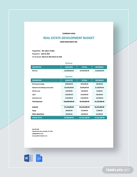 8+ FREE Real Estate Development Budget Templates in PDF, Word