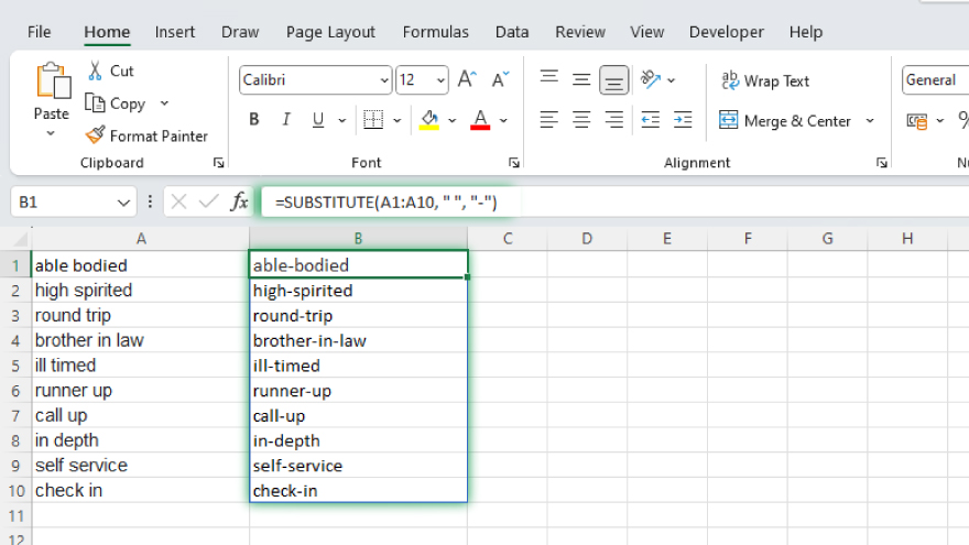 How to Replace Spaces with Dashes in Excel Using a Formula